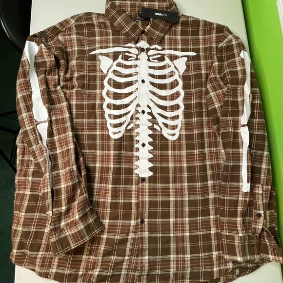 Fashion Nova | Shirts | Fashion Nova Skeleton Print Tan Plaid Flannel ...